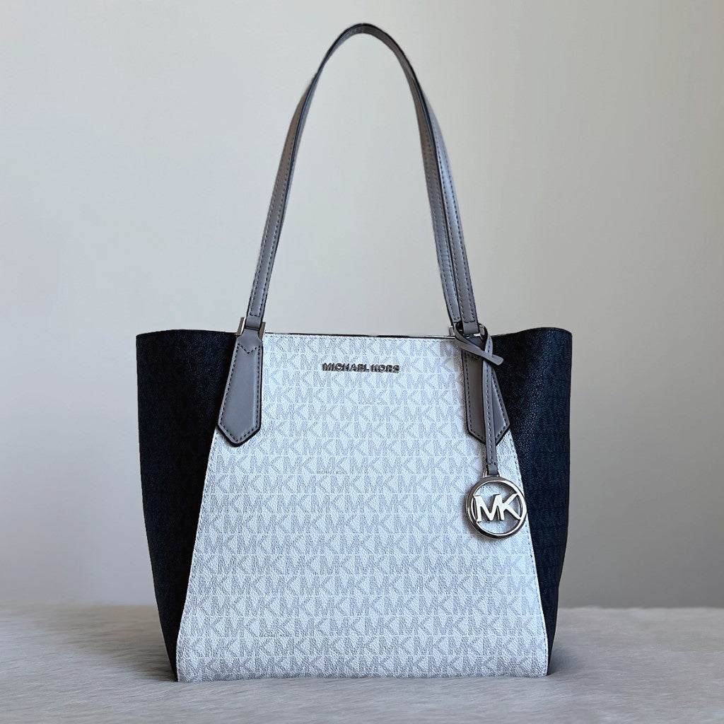 Michael Kors Two Tone Leather MK Monogram Carryall Shoulder Bag Excell
