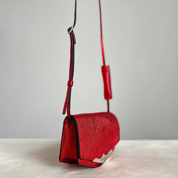 Calvin Klein Shiny Red Leather Crossbody Shoulder Bag + Pouch Like New