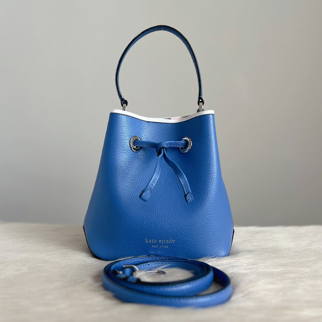 Kate Spade Blue Leather Bucket Drawstring 2 Way Shoulder Bag Like New