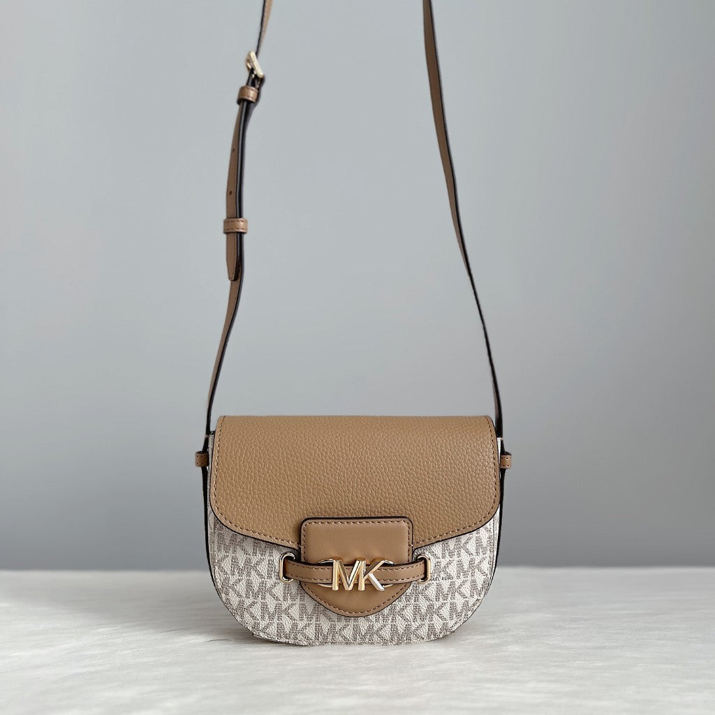 Michael Kors Mocha Leather Monogram Front Logo Crossbody Shoulder Bag
