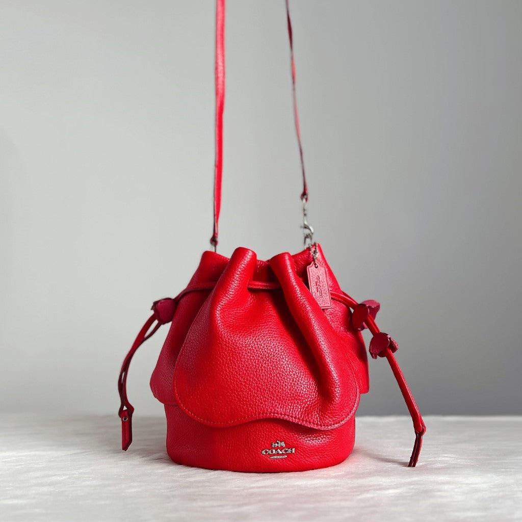 Coach Red Leather Drawstring Bucket Crossbody Shoulder Bag Excellent